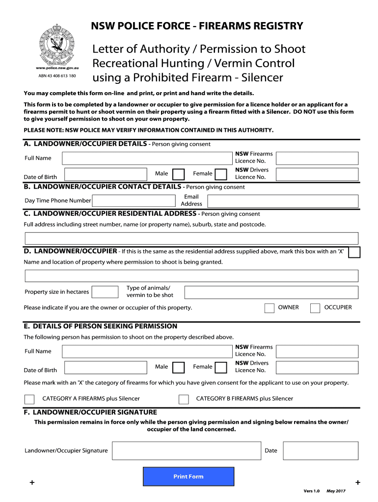NSW Police Firearms Permission to Shoot Form - Blank Fillable Template ...