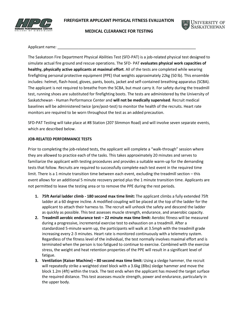 Fillable Online FIREFIGHTER APPLICANT PHYSICAL FITNESS EVALUATION Fax ...
