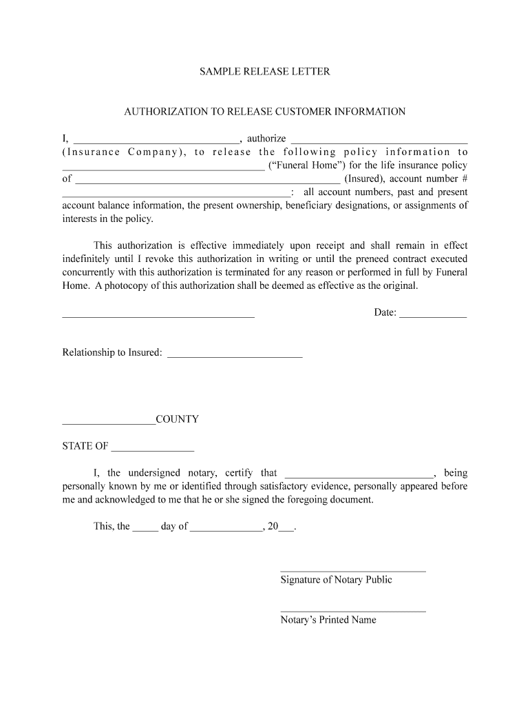 Fillable Online SAMPLE RELEASE LETTER Fax Email Print - pdfFiller
