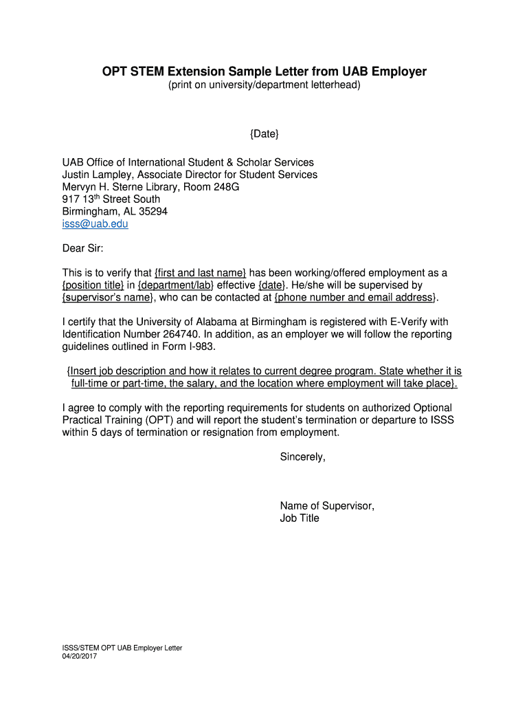 Fillable Online OPT STEM Extension Sample Letter from UAB Employer Fax ...