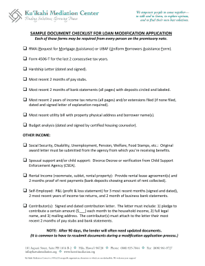 Fillable Online SAMPLE DOCUMENT CHECKLIST FOR LOAN MODIFICATION ...