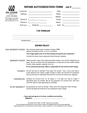 Fillable Online REPAIR AUTHORIZATION FORM Job # Fax Email Print - pdfFiller