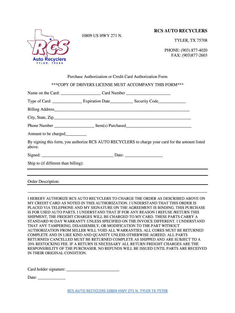 Fillable Online RCS AUTO RECYCLERS Fax Email Print - pdfFiller