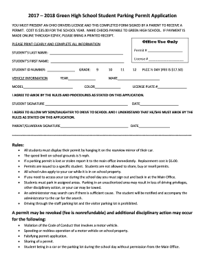 Fillable Online 2017 2018 Green High School Student Parking Permit ...