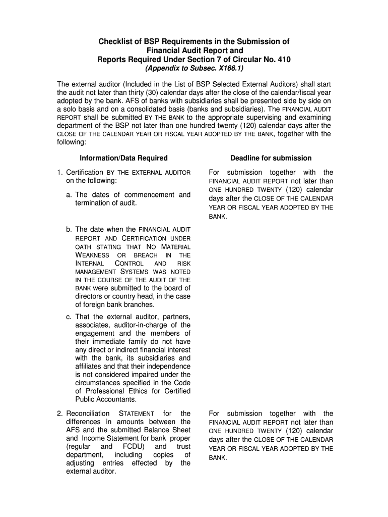 Fillable Online Checklist Of BSP Requirements In The Submission Of Fax