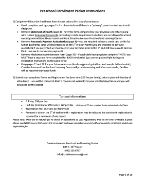 Fillable Online Preschool Enrollment Packet Instructions Fax Email ...