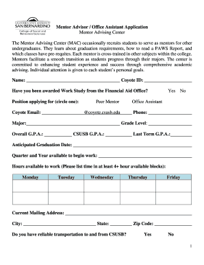 Fillable Online Mentor Advisor / Office Assistant Application Fax Email ...
