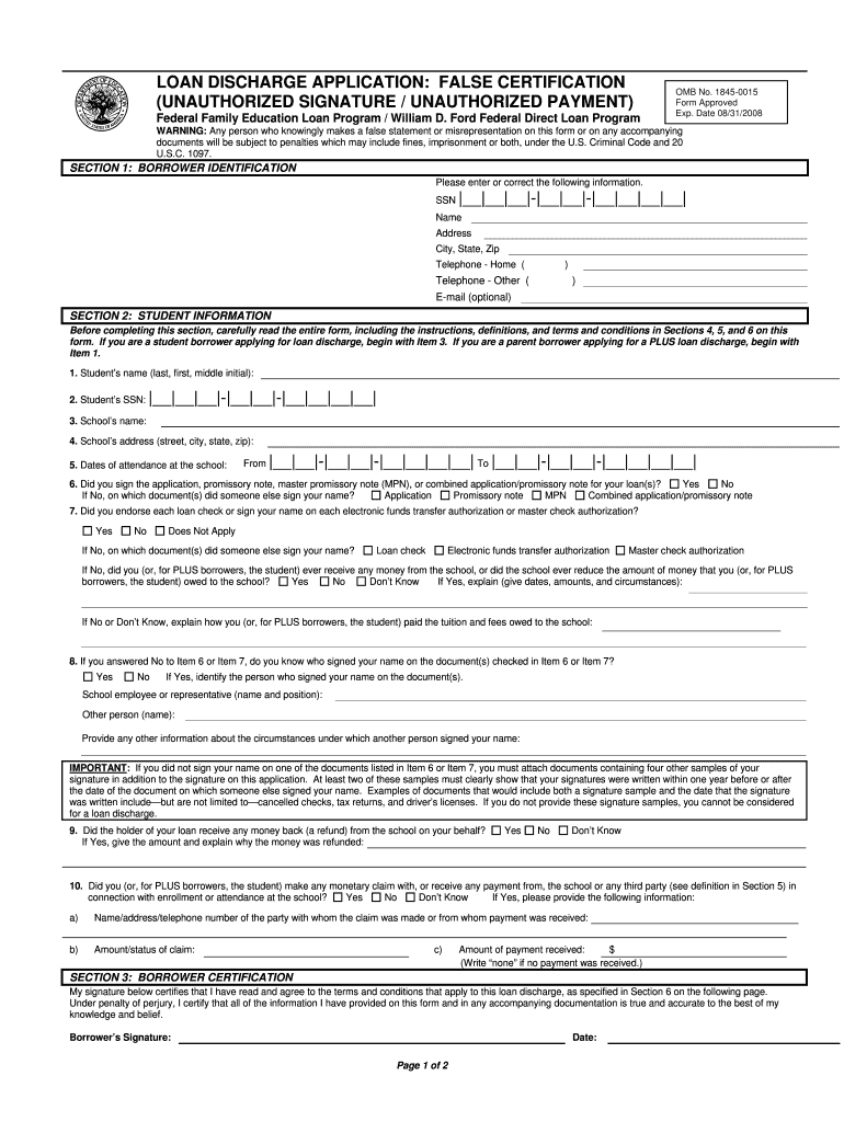 Fillable Online LOAN DISCHARGE APPLICATION: FALSE CERTIFICATION Fax ...