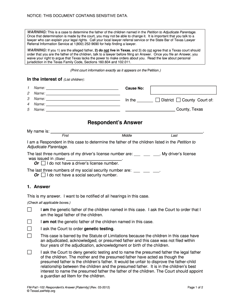 Fillable Online WARNING: This is a case to determine the father of the ...