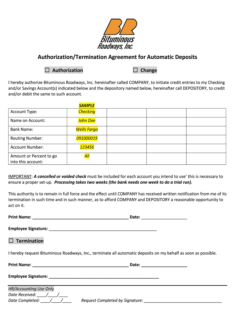 Fillable Online Authorization/Termination Agreement for Automatic Deposits Fax Email Print ...