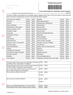 Fillable Online CLINIC REHAB MEDICAL SCREENING QUESTIONNAIRE Fax Email ...