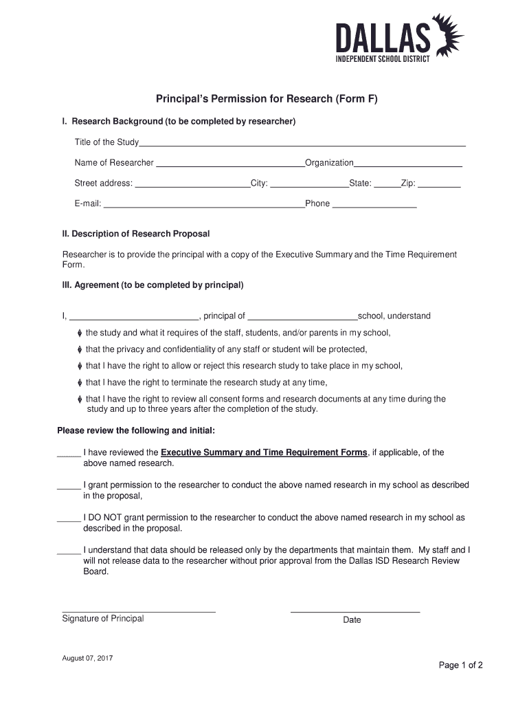 Fillable Online Principals Permission for Research (Form F) Fax Email ...
