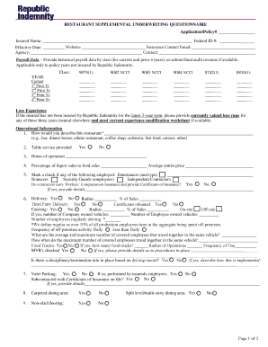 Fillable Online RESTAURANT SUPPLEMENTAL UNDERWRITING QUESTIONNAIRE Fax ...