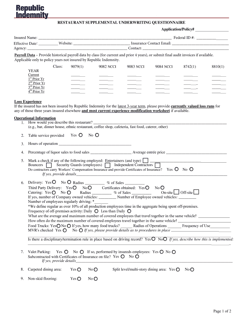 Fillable Online RESTAURANT SUPPLEMENTAL UNDERWRITING QUESTIONNAIRE Fax ...