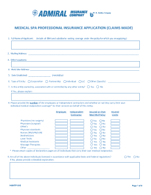 Fillable Online MEDICAL SPA PROFESSIONAL INSURANCE APPLICATION (CLAIMS ...