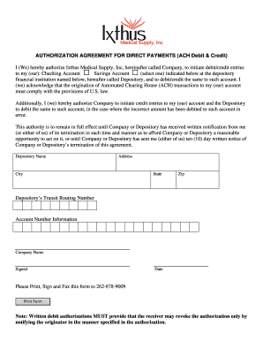 Fillable Online AUTHORIZATION AGREEMENT FOR DIRECT PAYMENTS (ACH Debit & Credit) Fax Email Print ...