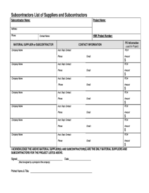 Fillable Online Subcontractors List of Suppliers and Subcontractors Fax Email Print - pdfFiller