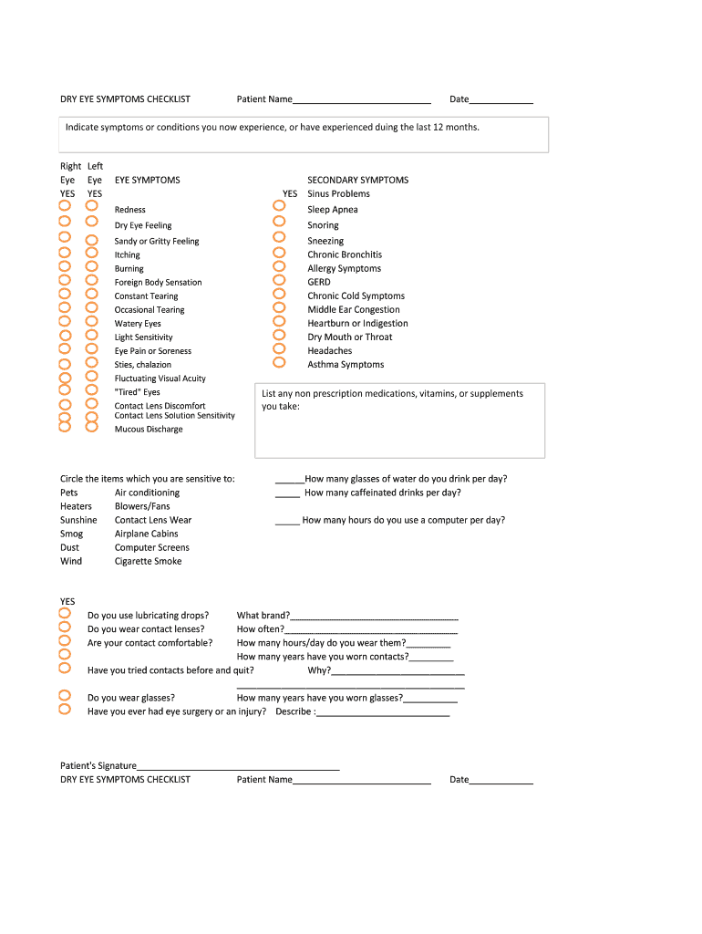Fillable Online DRY EYE SYMPTOMS CHECKLIST Fax Email Print - pdfFiller