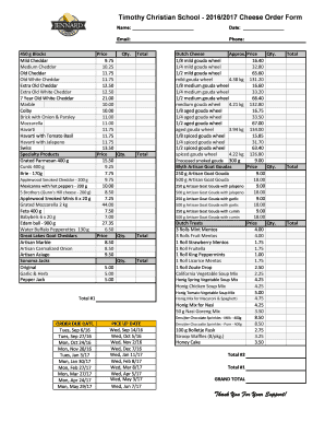 Fillable Online Timothy Christian School - 2016/2017 Cheese Order Form ...