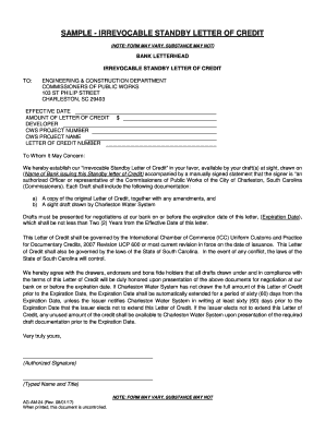 Fillable Online SAMPLE - IRREVOCABLE STANDBY LETTER OF CREDIT Fax Email ...
