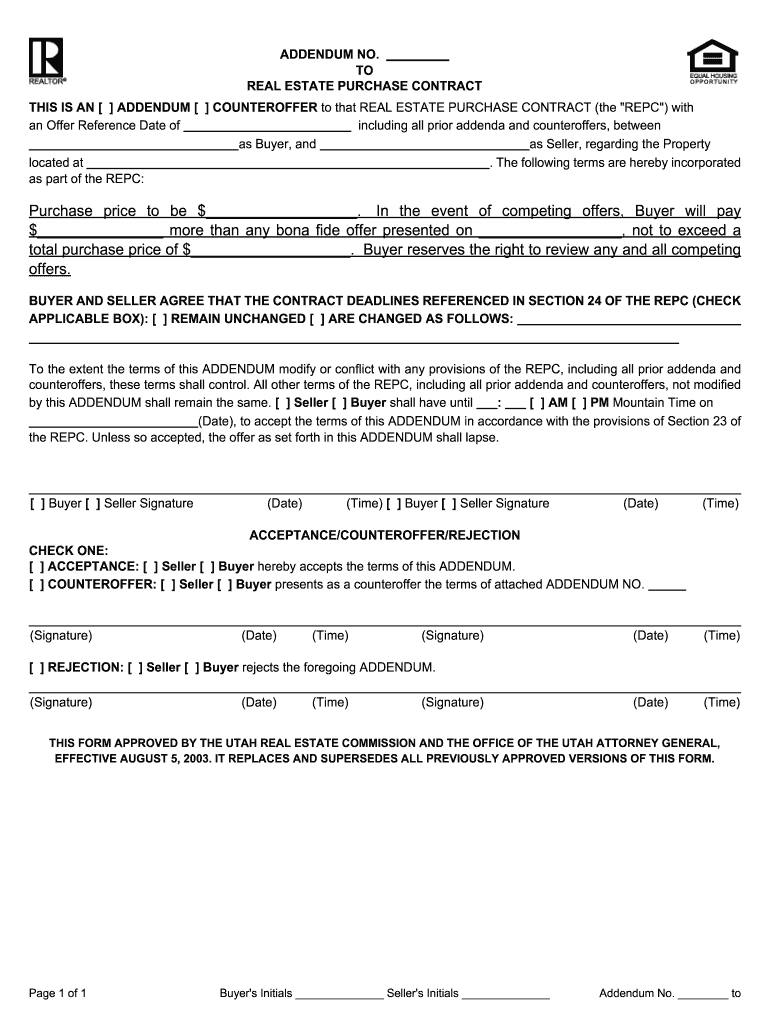 Addendum To Real Estate Purchase Contract Fill And Sign Printable