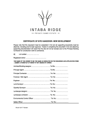 Fillable Online CERTIFICATE OF SITE HANDOVER- NEW DEVELOPMENT Fax Email ...