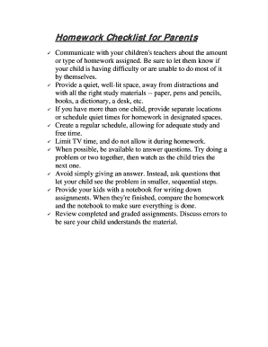 Fillable Online Homework Checklist for Parents Fax Email Print - pdfFiller