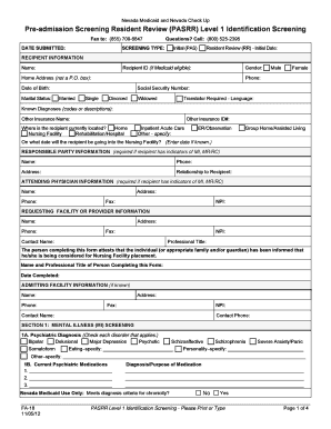 Fillable Online Pre-admission Screening Resident Review (PASRR) Level 1 ...