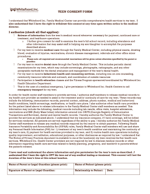 Fillable Online TEEN CONSENT FORM I authorize (check all that ...