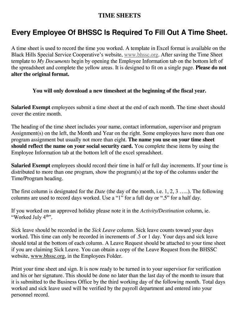 Fillable Online Every Employee Of BHSSC Is Required To Fill Out A Time ...