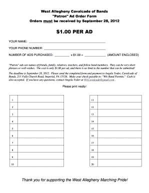 Fillable Online "Patron" Ad Order Form Fax Email Print - pdfFiller