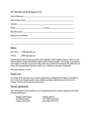 Fillable Online Printable Reservation/Rental Agreement Form - Bridge ...
