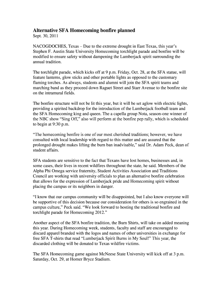 Fillable Online Alternative SFA Homecoming bonfire planned Fax Email ...