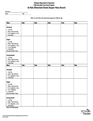 Fillable Online At-Risk Afterschool Snack/Supper Menu Record Fax Email ...