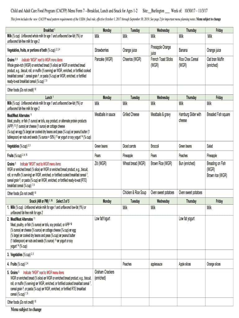 Fillable Online Child and Adult Care Food Program (CACFP) Menu Form 7 ...