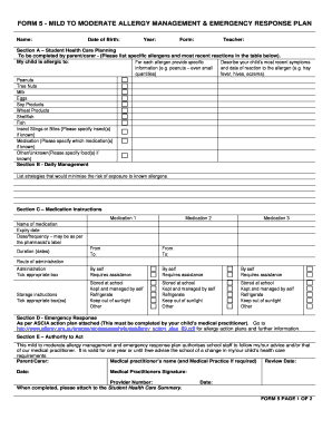 Fillable Online FORM 5 - MILD TO MODERATE ALLERGY MANAGEMENT & EMERGENCY RESPONSE PLAN Fax Email ...
