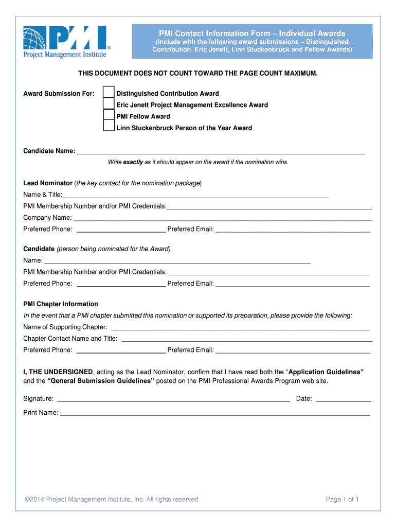 Fillable Online PMI Contact Information Form Individual Awards Fax ...