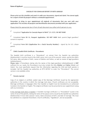 Fillable Online CHECKLIST FOR CONSULAR REPORT OF BIRTH ABROAD Fax Email ...