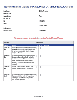 Fillable Online Inspection Checklist for Toxin Laboratories (7 CFR 331 ...