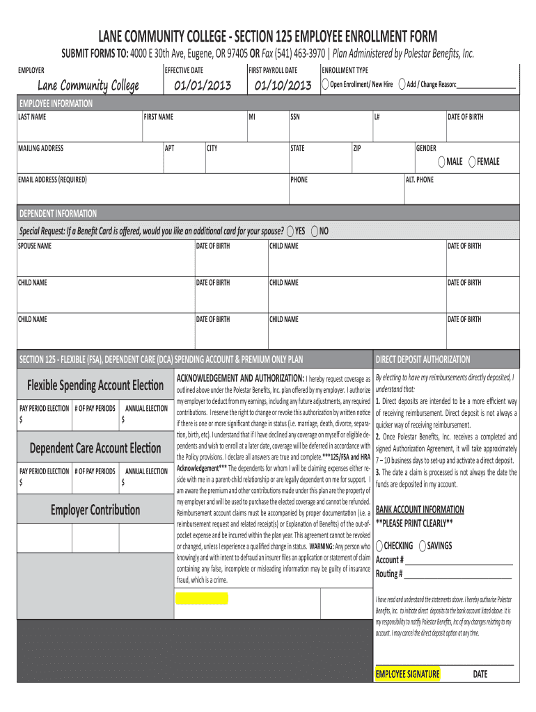 Fillable Online LANE COMMUNITY COLLEGE - SECTION 125 EMPLOYEE ...