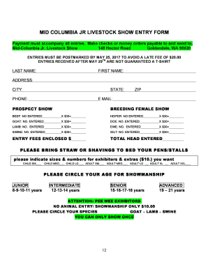 Fillable Online MID COLUMBIA JR LIVESTOCK SHOW ENTRY FORM Fax Email ...