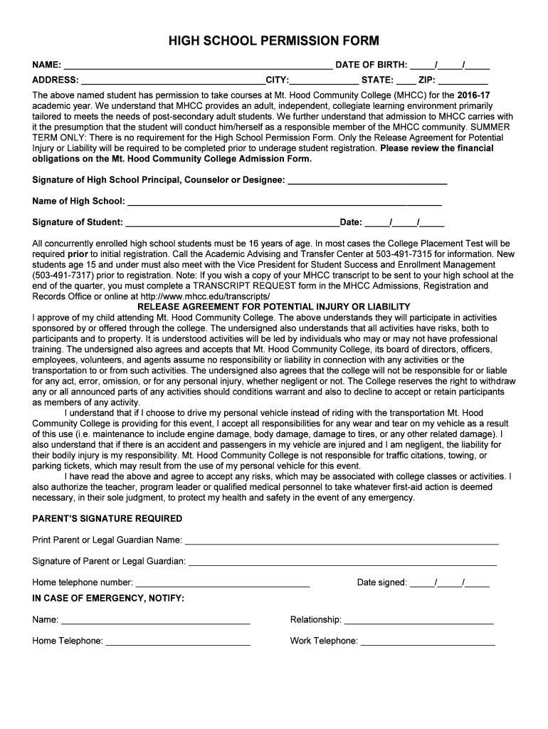 Fillable Online HIGH SCHOOL PERMISSION FORM Fax Email Print - pdfFiller