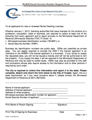 Fillable Online MnBIN/Social Security Number Request Form Fax Email ...