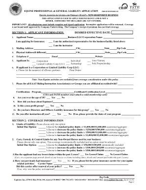 Fillable Online EQUINE PROFESSIONAL & GENERAL LIABILITY APPLICATION Fax ...