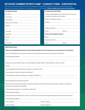 Fillable Online ROTHESAY SUMMER SPORTS CAMP CONSENT FORM CONFIDENTIAL ...