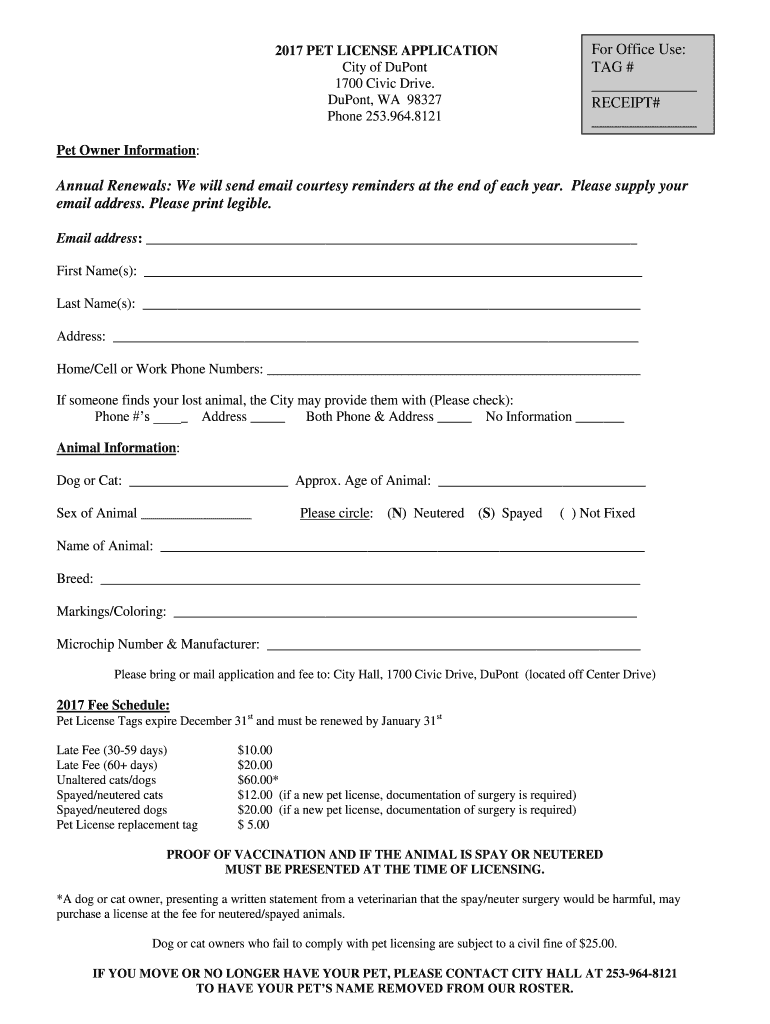 Fillable Online 2017 PET LICENSE APPLICATION Fax Email Print - pdfFiller
