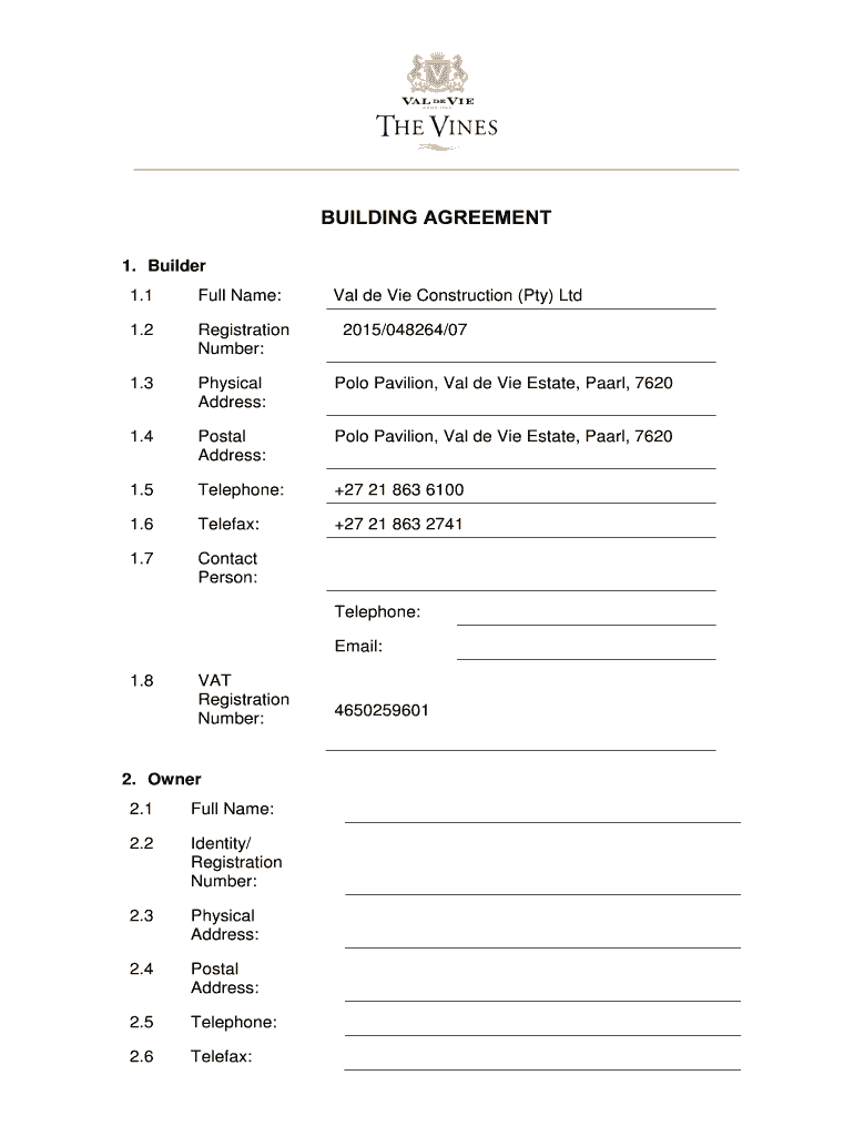 Fillable Online Val de Vie Construction (Pty) Ltd Fax Email Print - pdfFiller