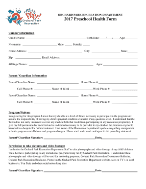 Fillable Online 2017 Preschool Health Form Fax Email Print - pdfFiller