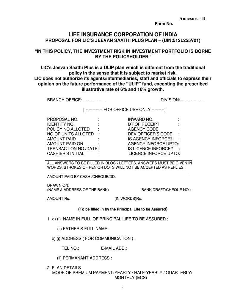 Fillable Online PROPOSAL FOR LIC 'S JEEVAN SAATHI PLUS PLAN (UIN ...