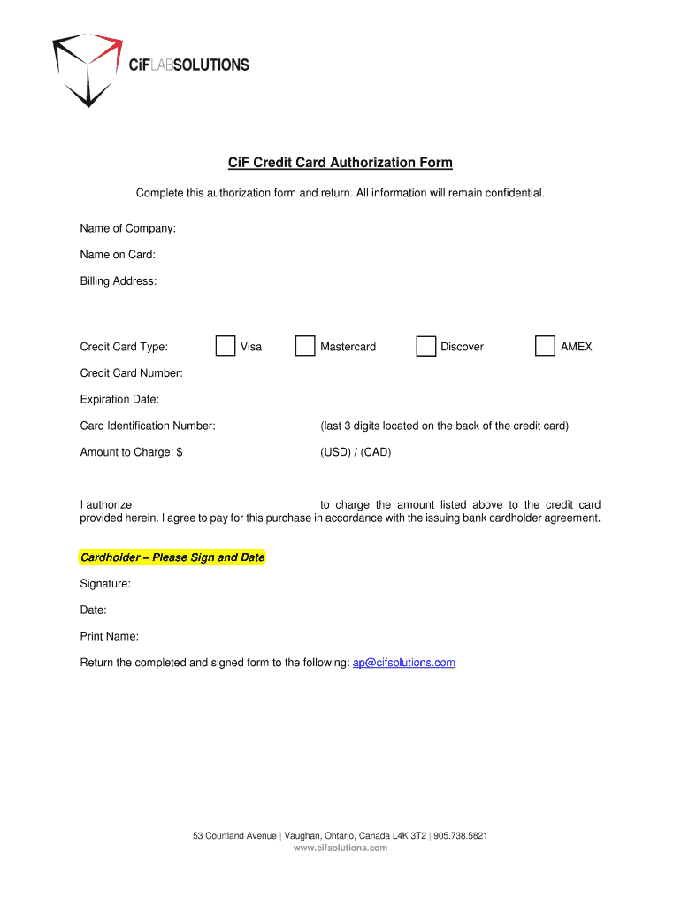 Fillable Online CiF Credit Card Authorization Form Fax Email Print ...